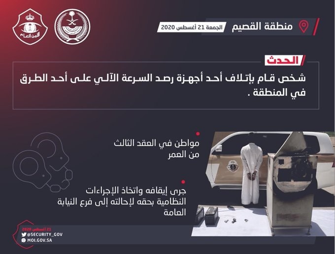 A Man arrested for Damaging Speed Detection Camera in Saudi Arabia