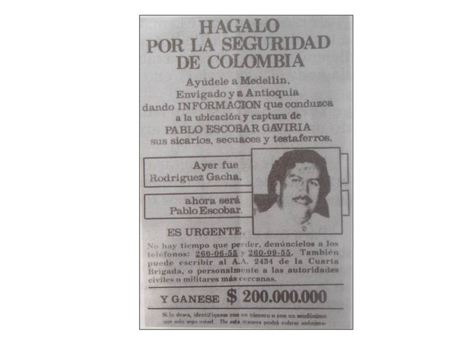 Proyecto Pablo Escobar: Aviso de recompensa por Pablo Escobar de 200 ...