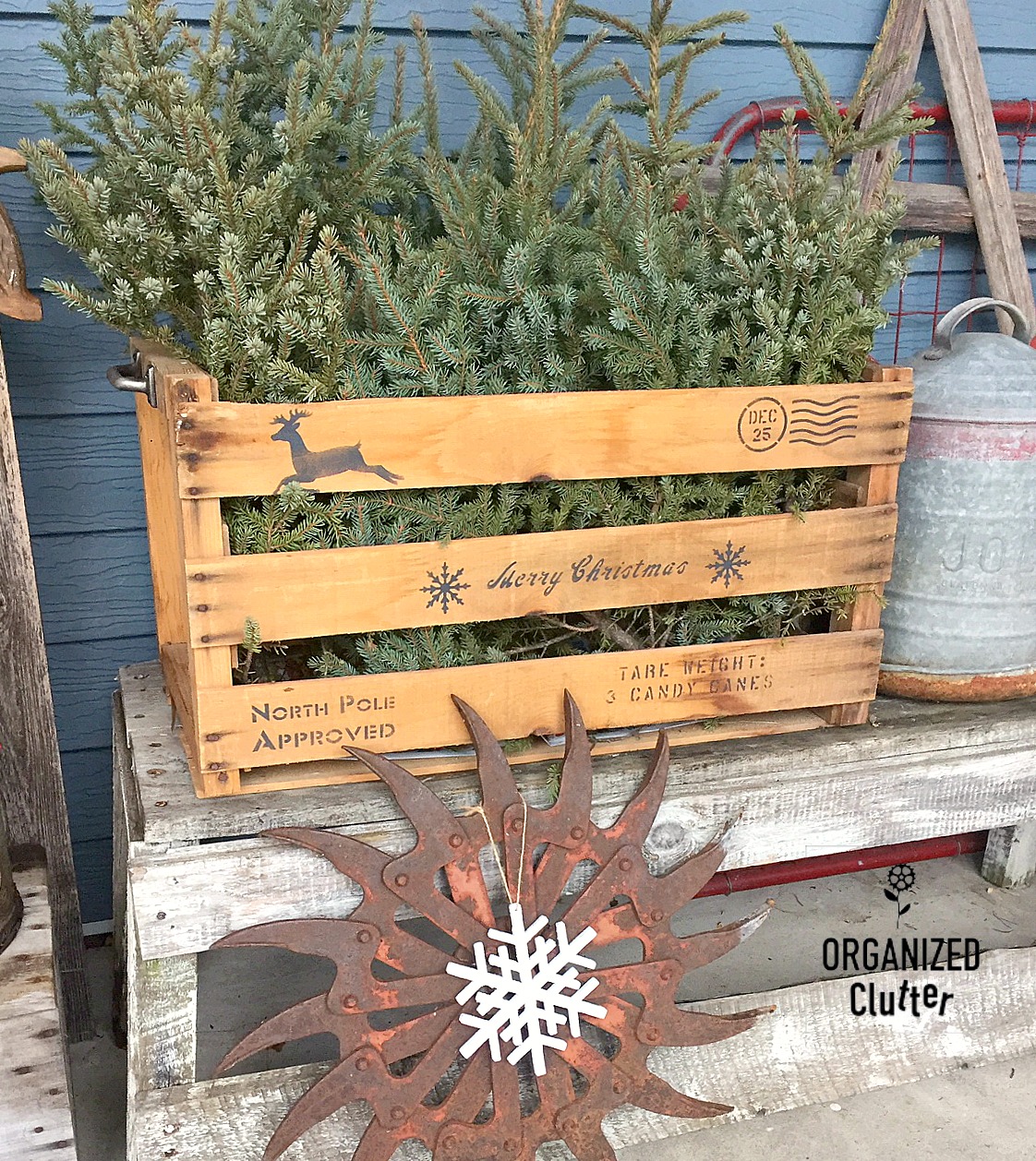 Stenciled Rustic Christmas Crate With Spruce Tips/Tops - Organized Clutter