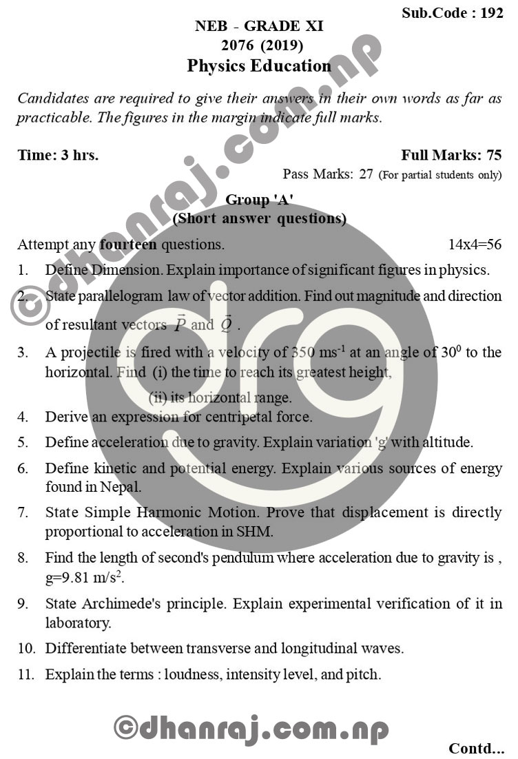 Physics Education | Grade 11-XI | Question Paper 2076 (2019) | Subject ...