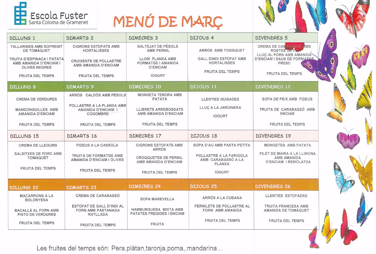 Escola Fuster ESO: Menú menjador - març Escola Fuster ESO: Menú menjador - març