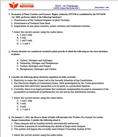 Insight IAS Prelims 2021 Textbook Test 16 with Solution PDF - VISION