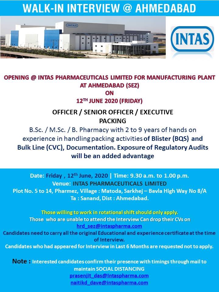 Intas Pharmaceuticals Ltd - Walk-In Interviews on 12th June' 2020 ...