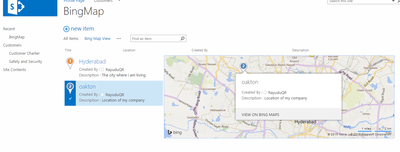 Creating a map view from the SharePoint UI using the Geo location field.