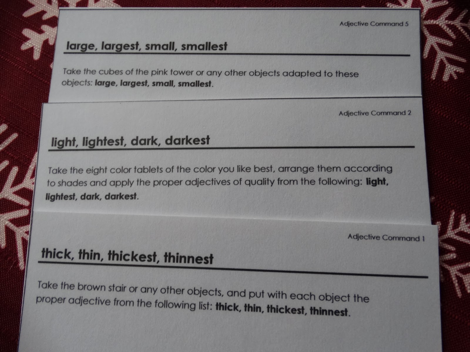 The Joys of Montessori Homeschooling: Grammar Box - Adjective Command Cards