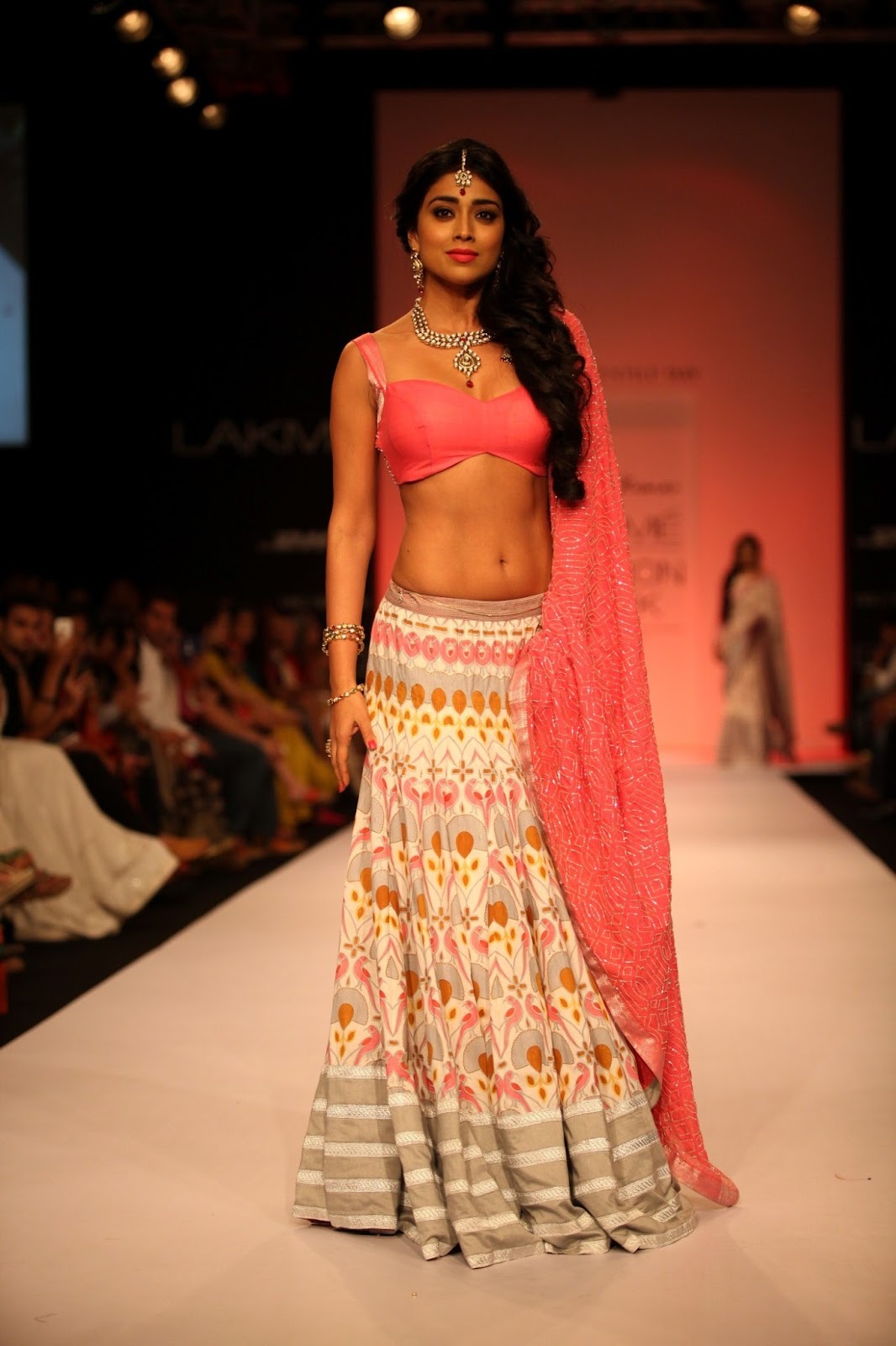 Shriya Saran Showcasing Her Toned Figure In Sexy Lehenga Choli At Lakme Fashion Week Lfw 2013
