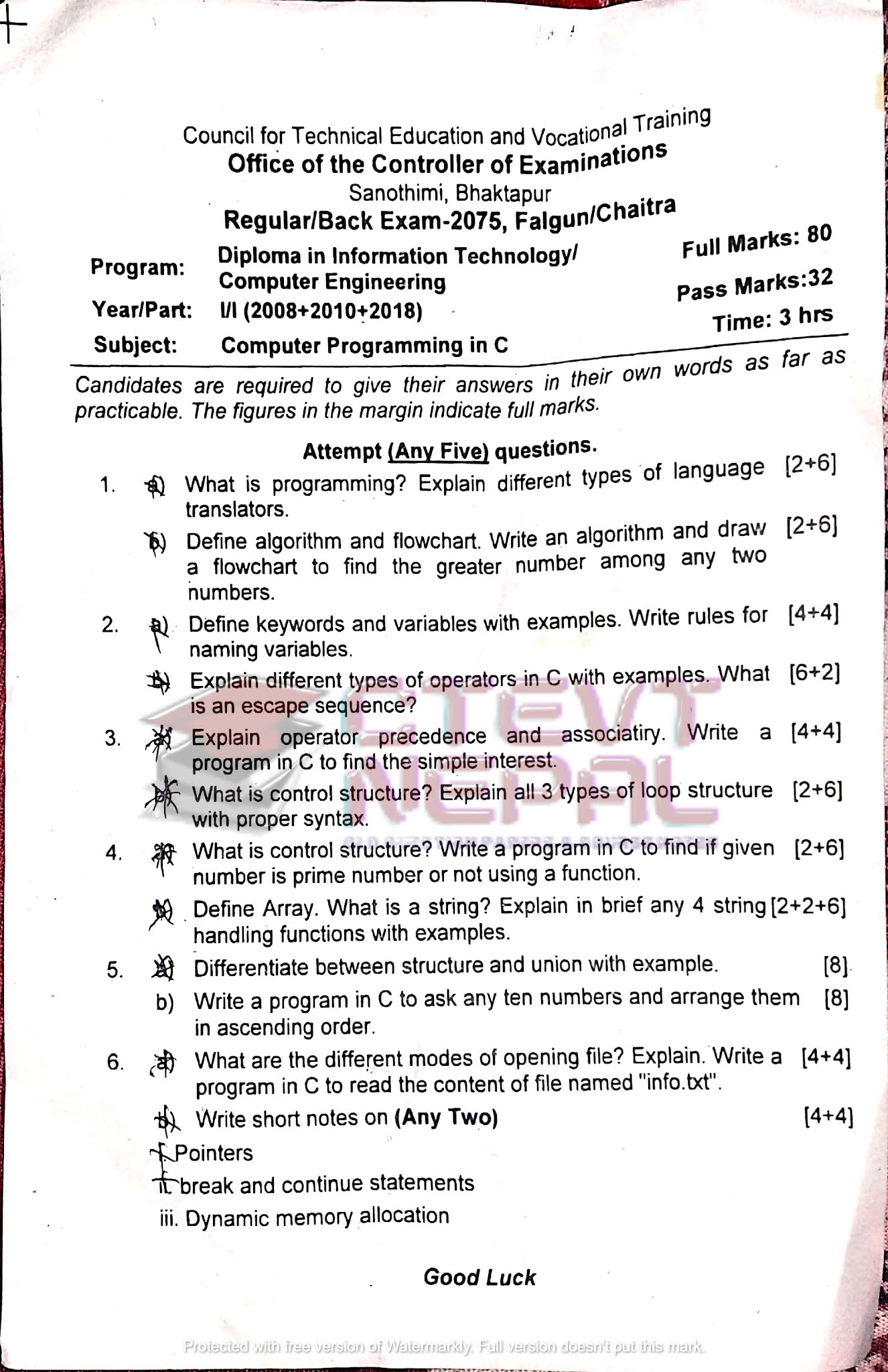 C Programming 1st Semester Questions Papers Ctevt Diploma In Computer Engineering It