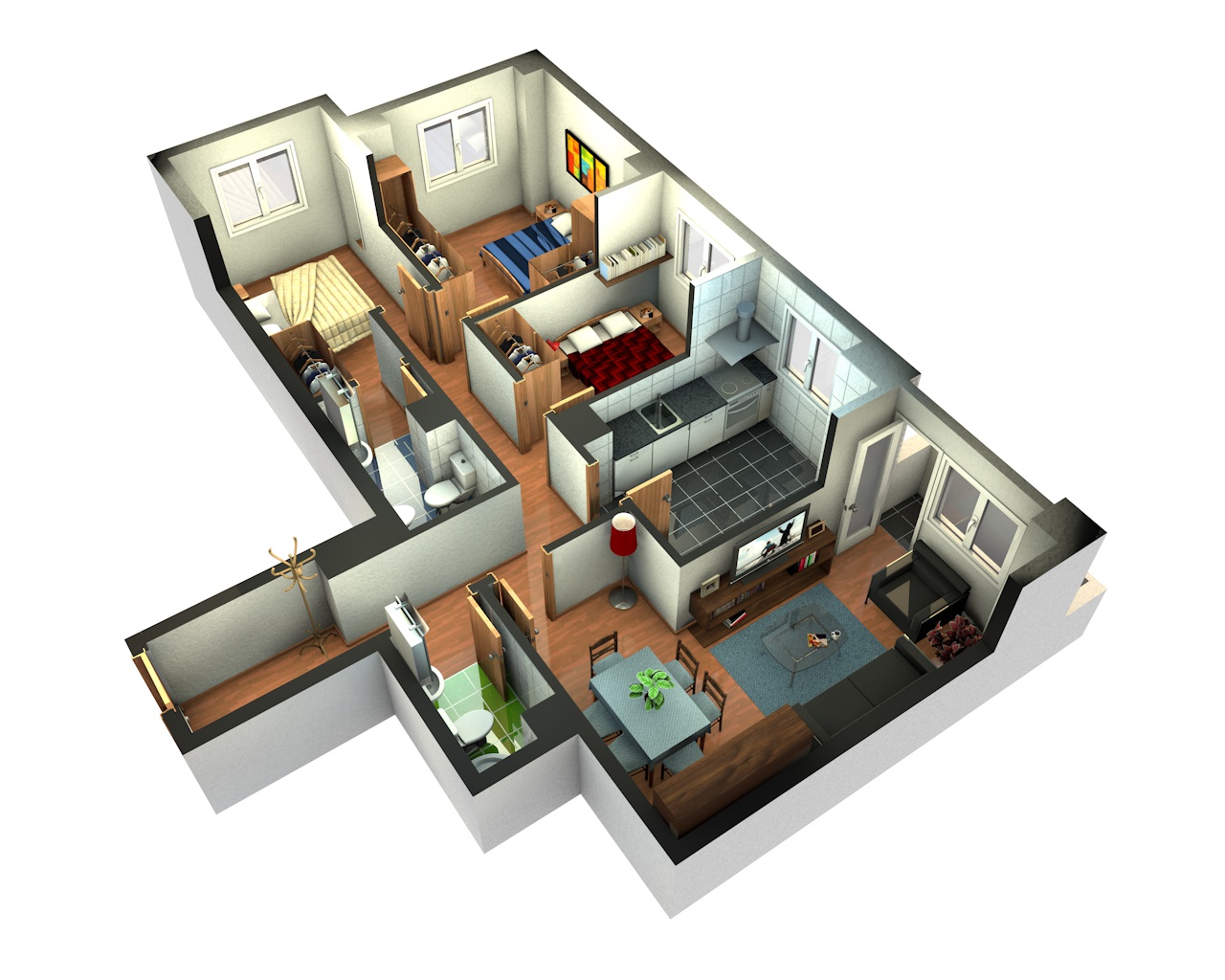 Modern 3 Bedroom Home/ Flat 3D View Interiors with Free Plan - Kerala ...