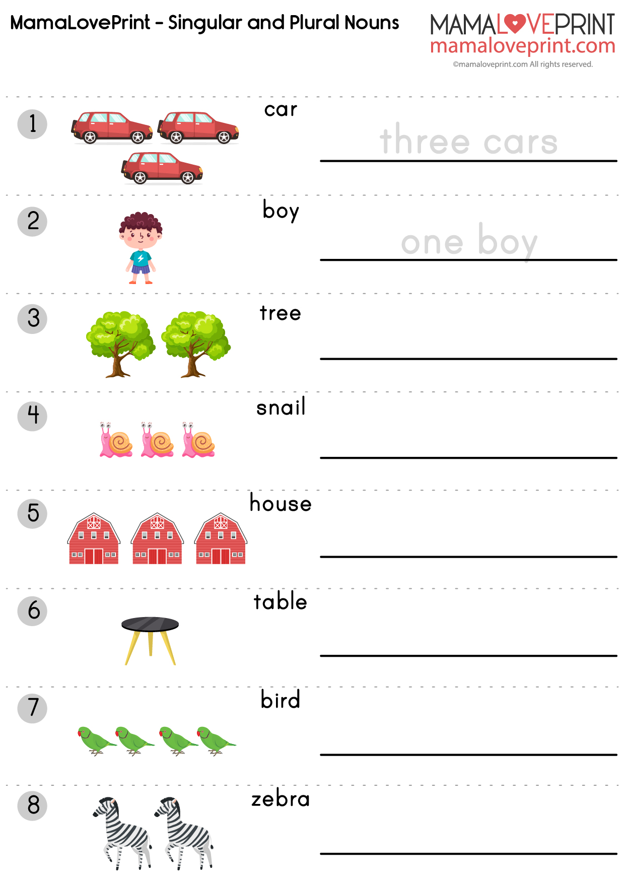 MamaLovePrint . Grade 1 English Worksheets . Basic Grammar (Singular ...