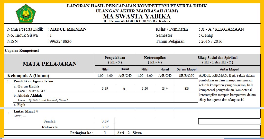 Aplikasi RAPORT K13 MA untuk Madrasah Aliyah dengan Deskripsi otomatis ...