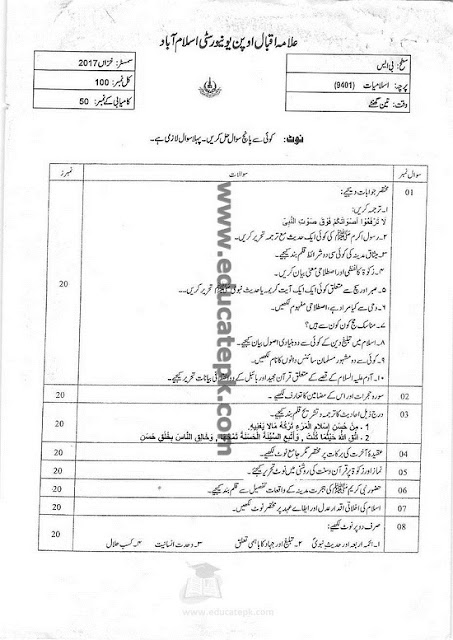 AIOU BS English Code 9401 Past Papers