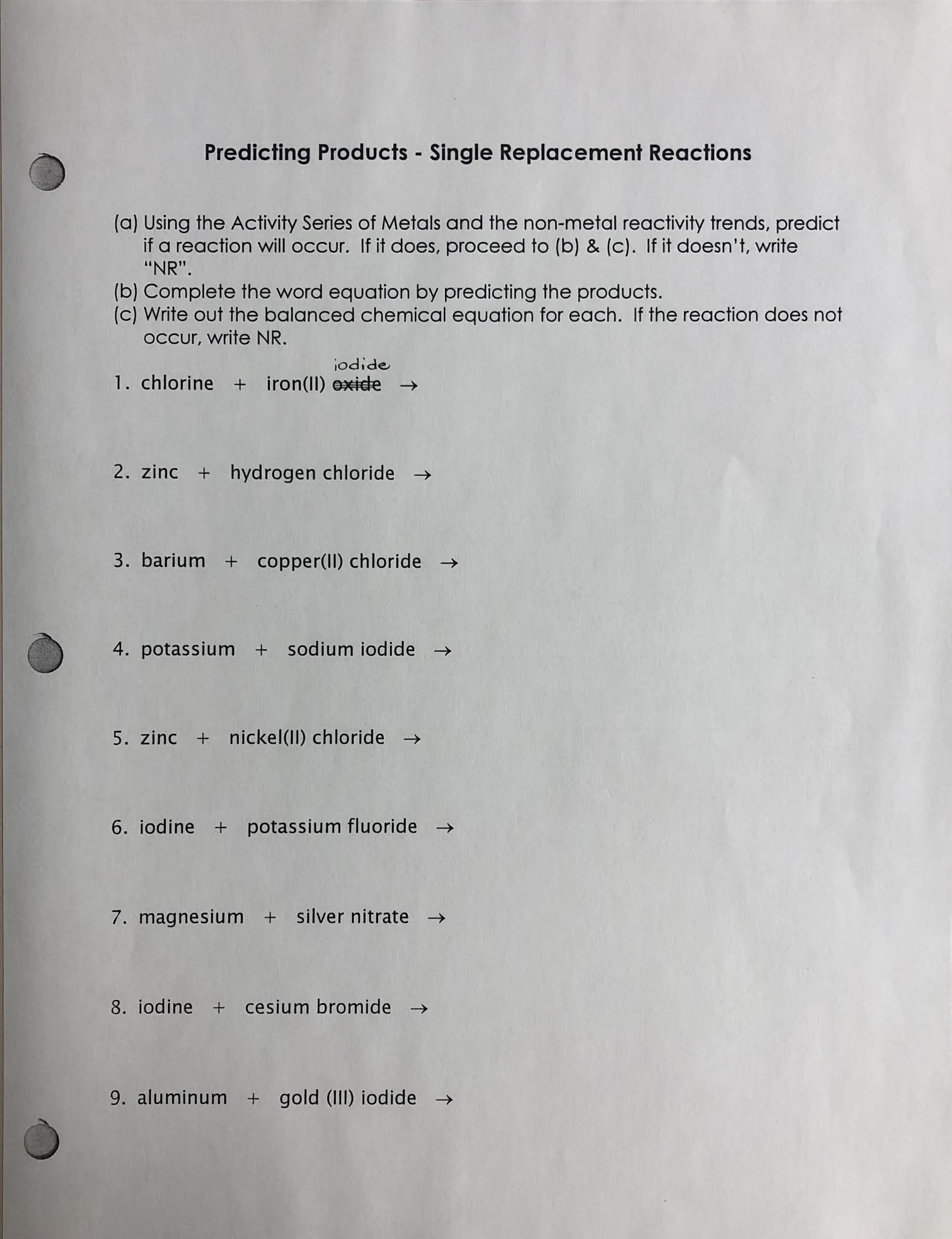Murph's Blog of Chem Joy: SCH 3U/4C - Predicting Products for Single ...