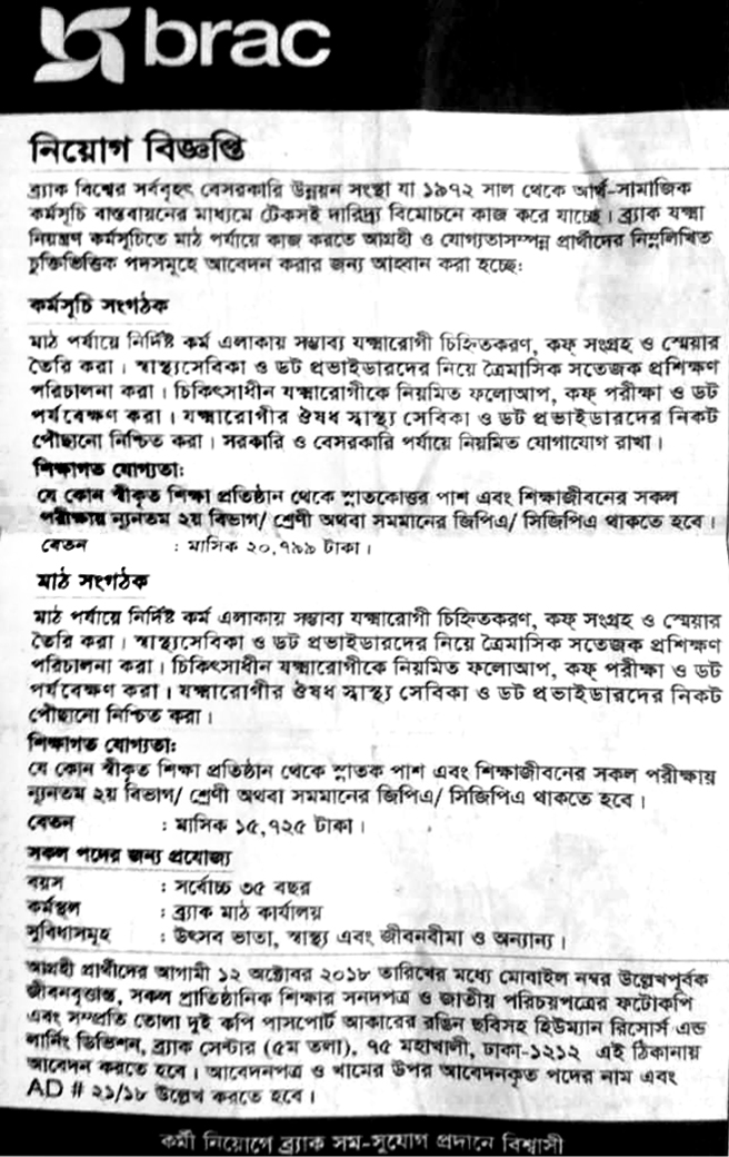 BRAC NGO Job Circular 2018