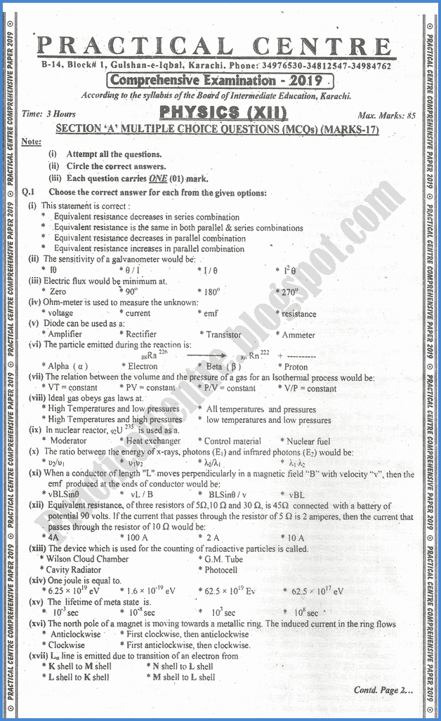 Adamjee Coaching: Physics 12th - Practical Centre Guess Paper 2019