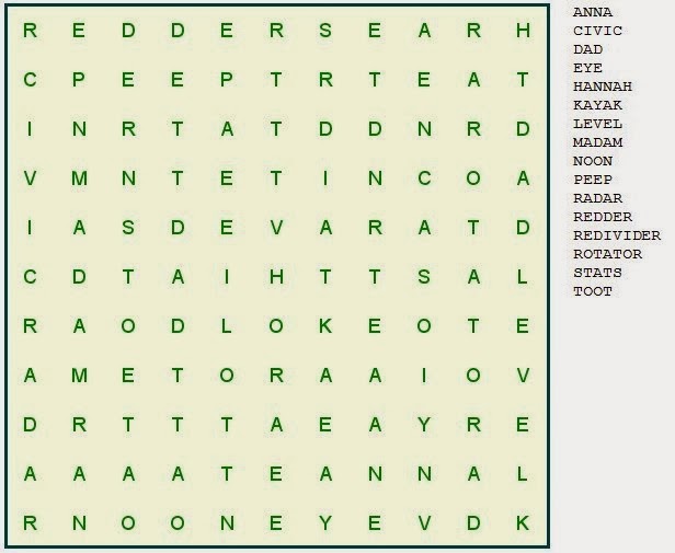 Free printable Word Search and Sudokus: Word Search 22 (Palindromes)