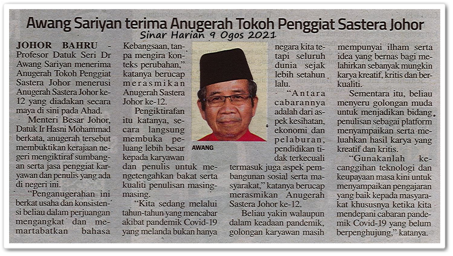 Awang Sariyan terima Anugerah Tokoh Penggiat Sastera Johor - Keratan ...
