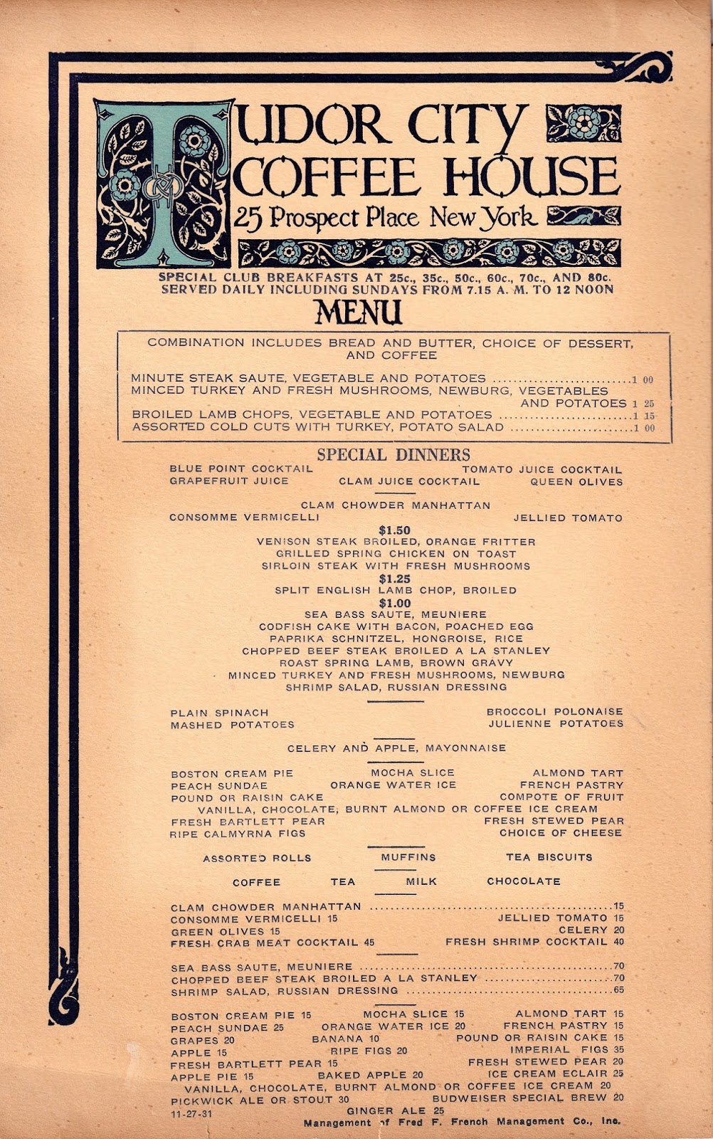 Tudor City Confidential: Artifact: 1931 COFFEE HOUSE MENU