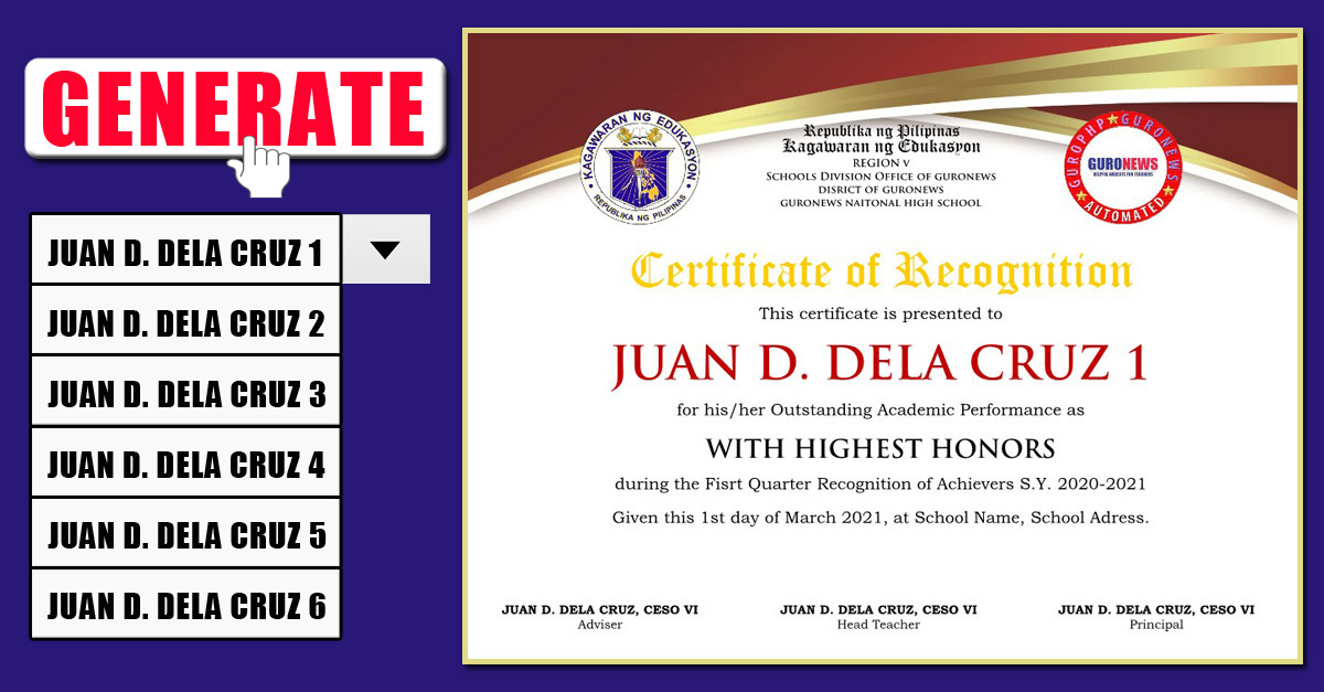 PORTABLE CERTIFICATE GENERATOR FOR RECOGNITION | KINDER TO GRADE 12