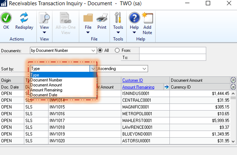 Dynamics GP Essentials: Dynamics GP 2018 - Sorting Options on Inquiry ...