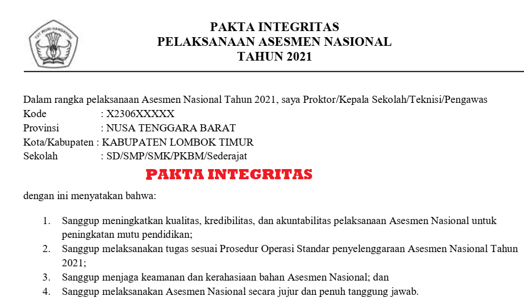Pakta Integritas Pengawas, Kepala Sekolah, Proktor dan Teknisi Pelaksanaan AKM SD/SMP/SMA/SMK ...