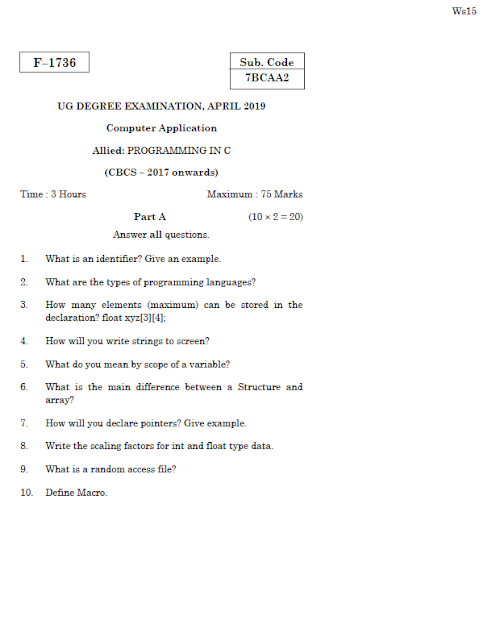Alagappa University B.C.A (Computer Application) PROGRAMMING IN C APRIL 2019 Question Paper ...