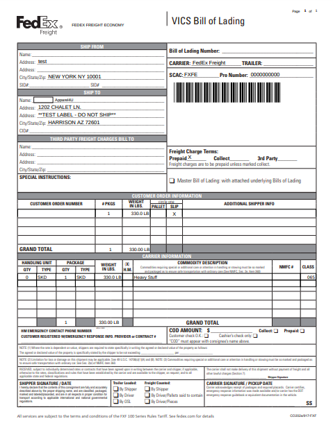 Fedex Freight Priority Bill Of Lading - Invoice Template