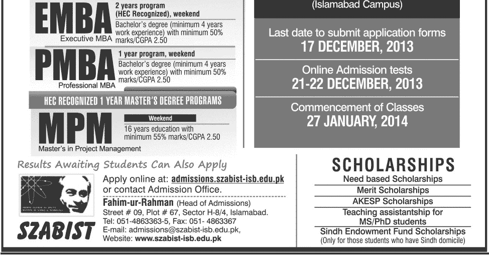 SZABIST BBA BS MS MBA Admission 2016 Online Application Test & Result SZABIST BBA BS MS MBA Admission 2016 Online Application Test & Result