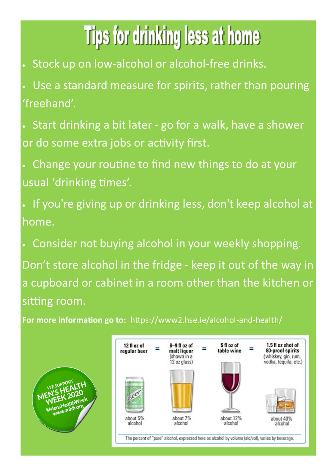 Men' Health Week 2020 - Tips for drinking less at home - Sligo ...