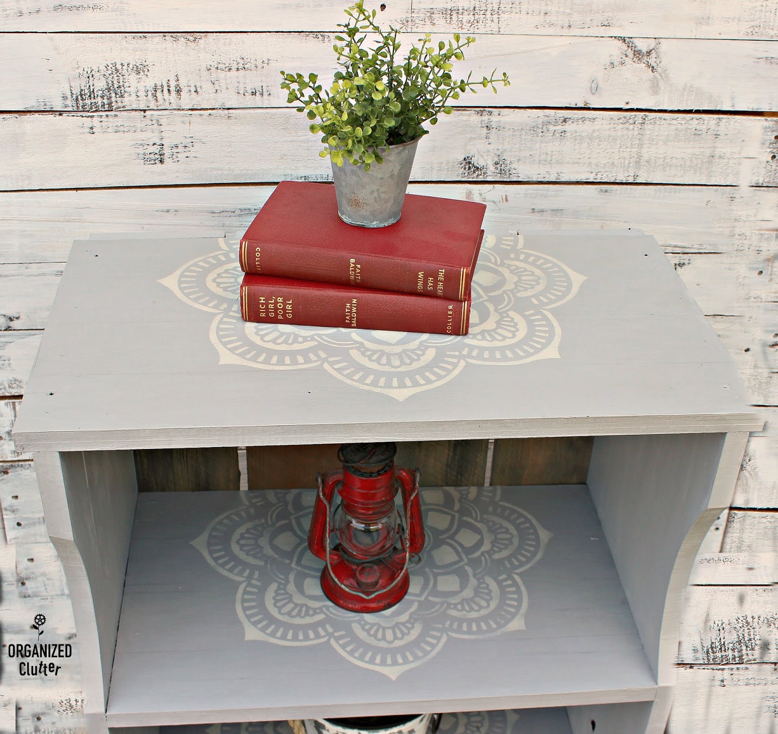 Up-cycled Open Book Shelf with Stencils & Fence Boards - Organized Clutter