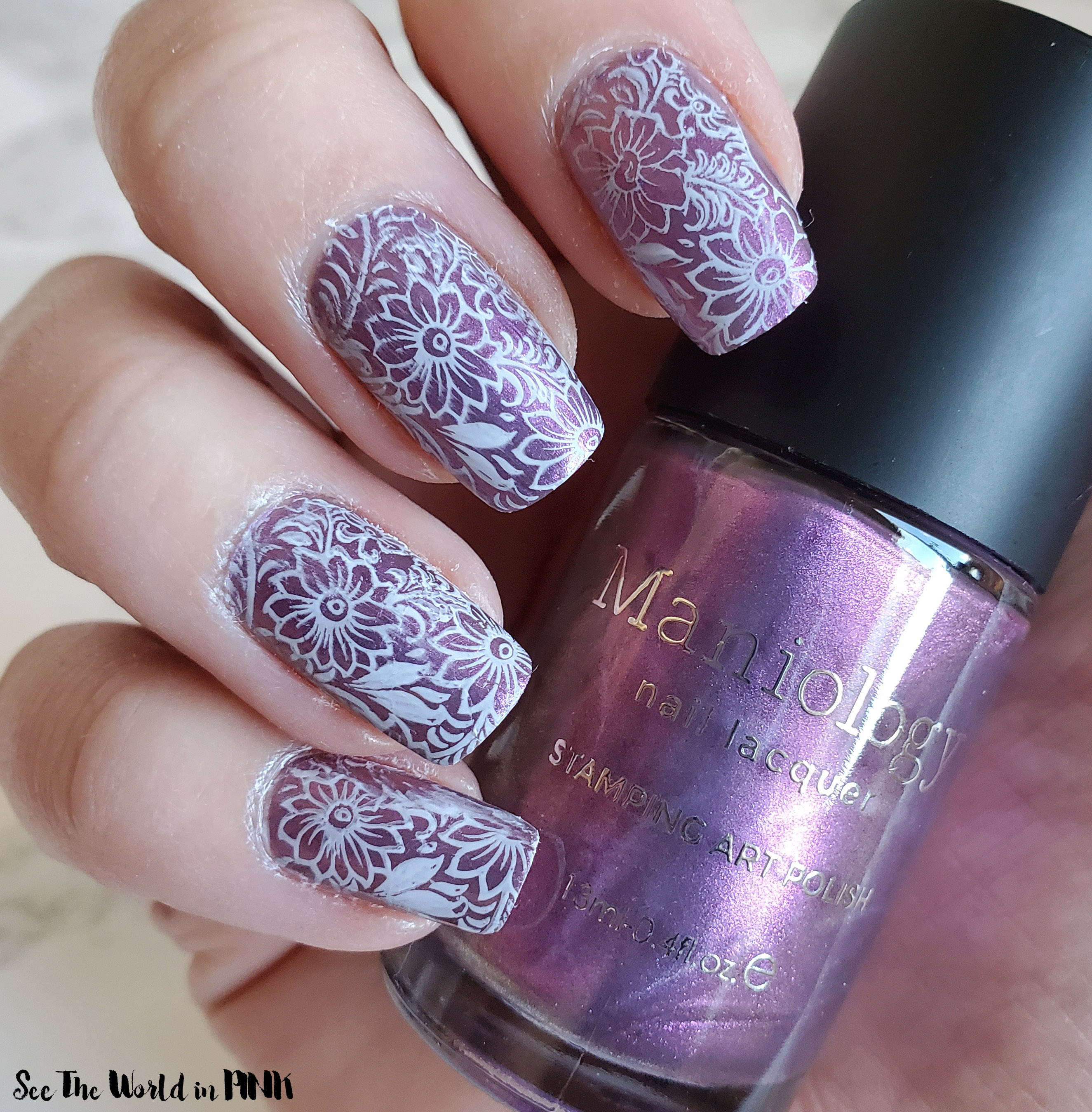 Manicure Monday - Purple Flower Stamped Nails | See the World in PINK