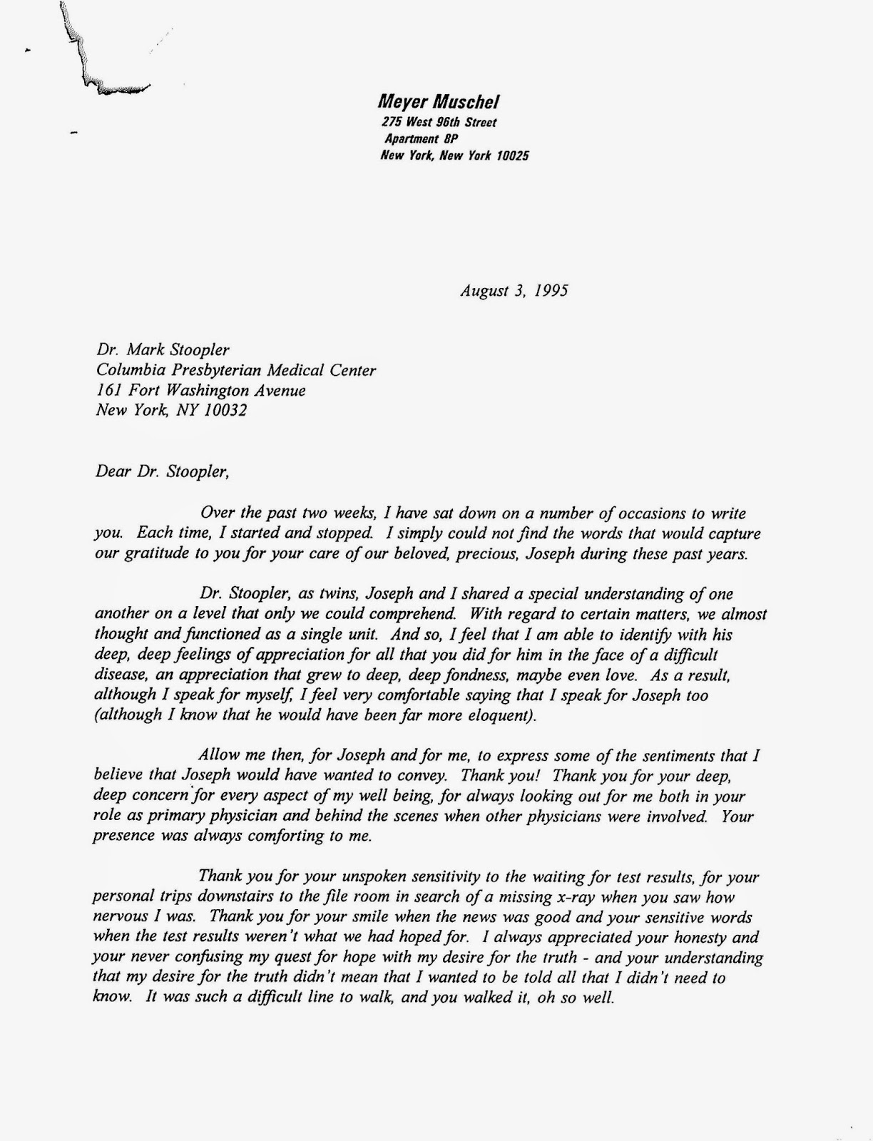 JOSEPH LIVES ON...: Letter of Gratitude to Dr. Mark Stoopler from Meyer ...
