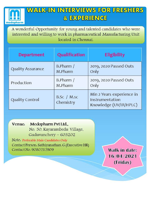 Walk-In Interviews for Freshers & Experienced in QA / Production / QC on 16th Apr' 2021 ...