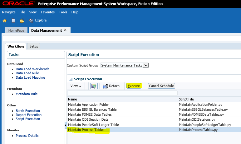 FDMEE: System Maintenance Tasks: Maintain Process Tables | EPM Zones