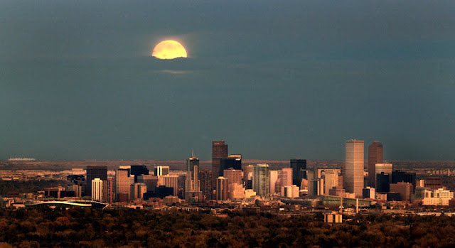 Ken Papaleo: X Marks the Shot: Full moon rising, Denver, Colorado.