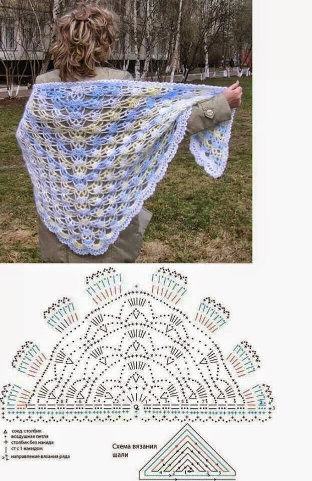Hermoso chal triangular al crochet - con patrón | Crochet y Dos Agujas ...