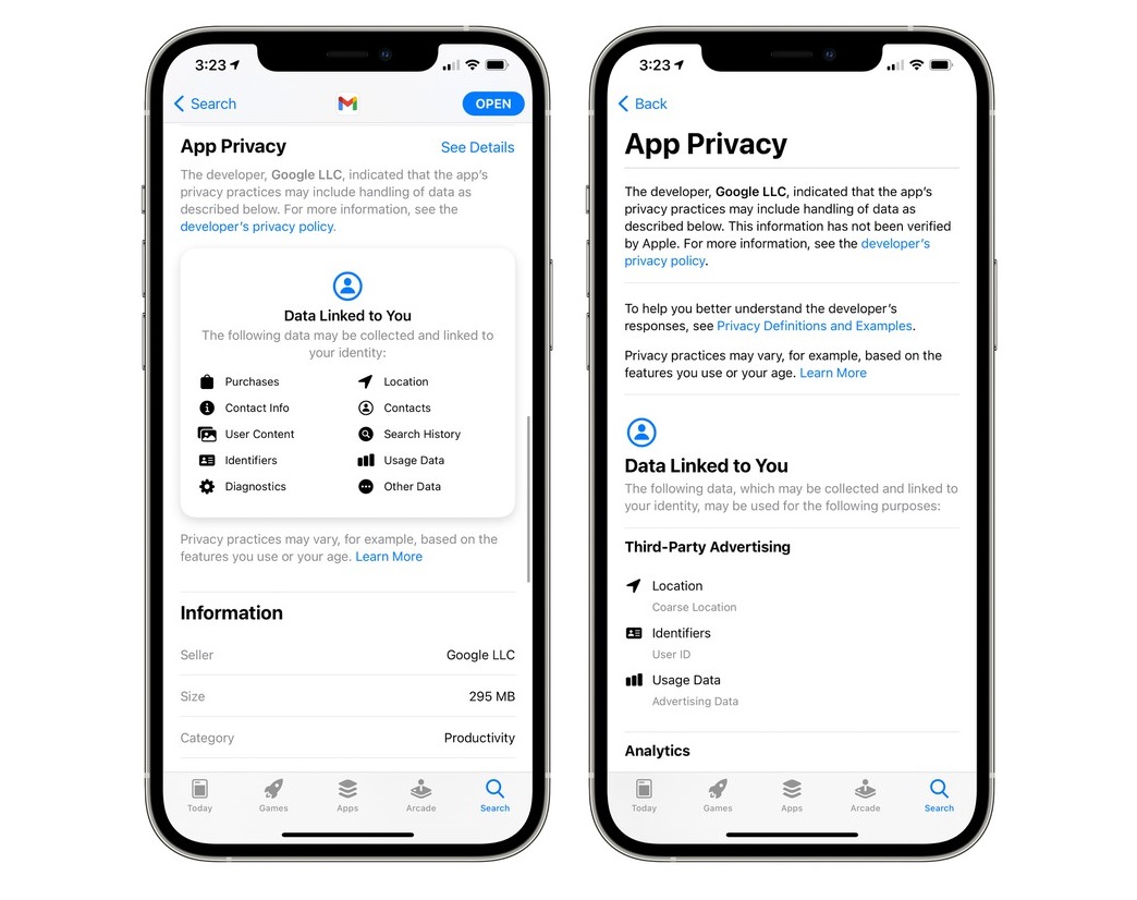 Google has finally updated the Gmail app with App Privacy labels ...