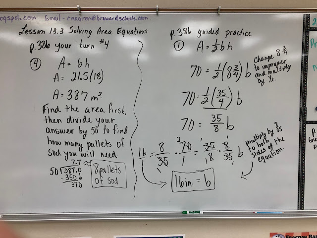 Mrs. Negron 6th Grade Math Class: Lesson 13.3 Solving Area Equations
