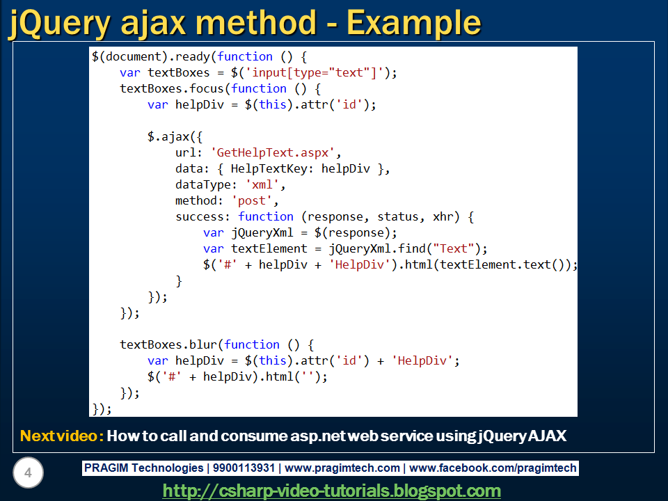 Sql server, .net and c# video tutorial: jquery ajax method Sql server, .net and c# video tutorial: jquery ajax method
