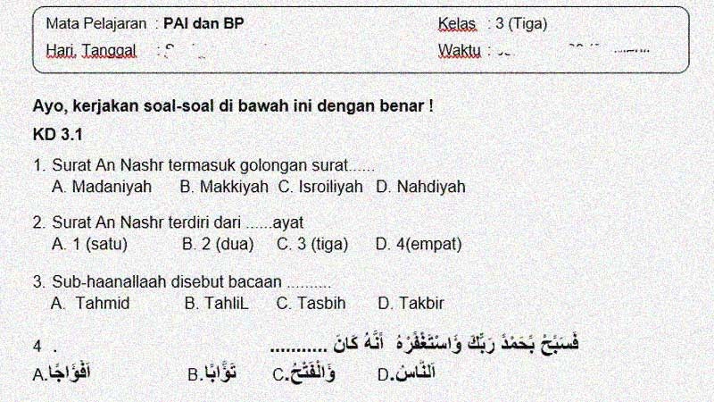 Soal dan Kunci Jawaban PTS Mapel PAI dan BP Kelas 3 Semester 1 - SekolahDasar.Net