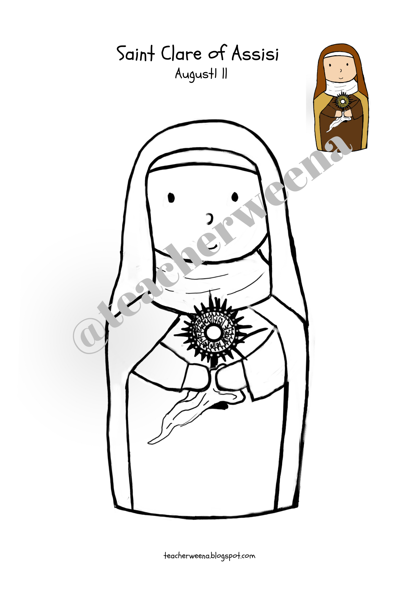 St Clare Of Assisi Worksheet Printable Coloring Page Sheet Liturgical ...