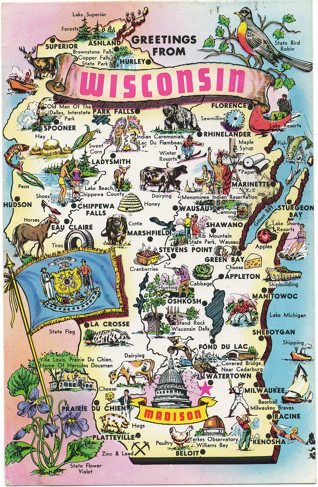 Papergreat: Wisconsin map postcard mailed in 1966