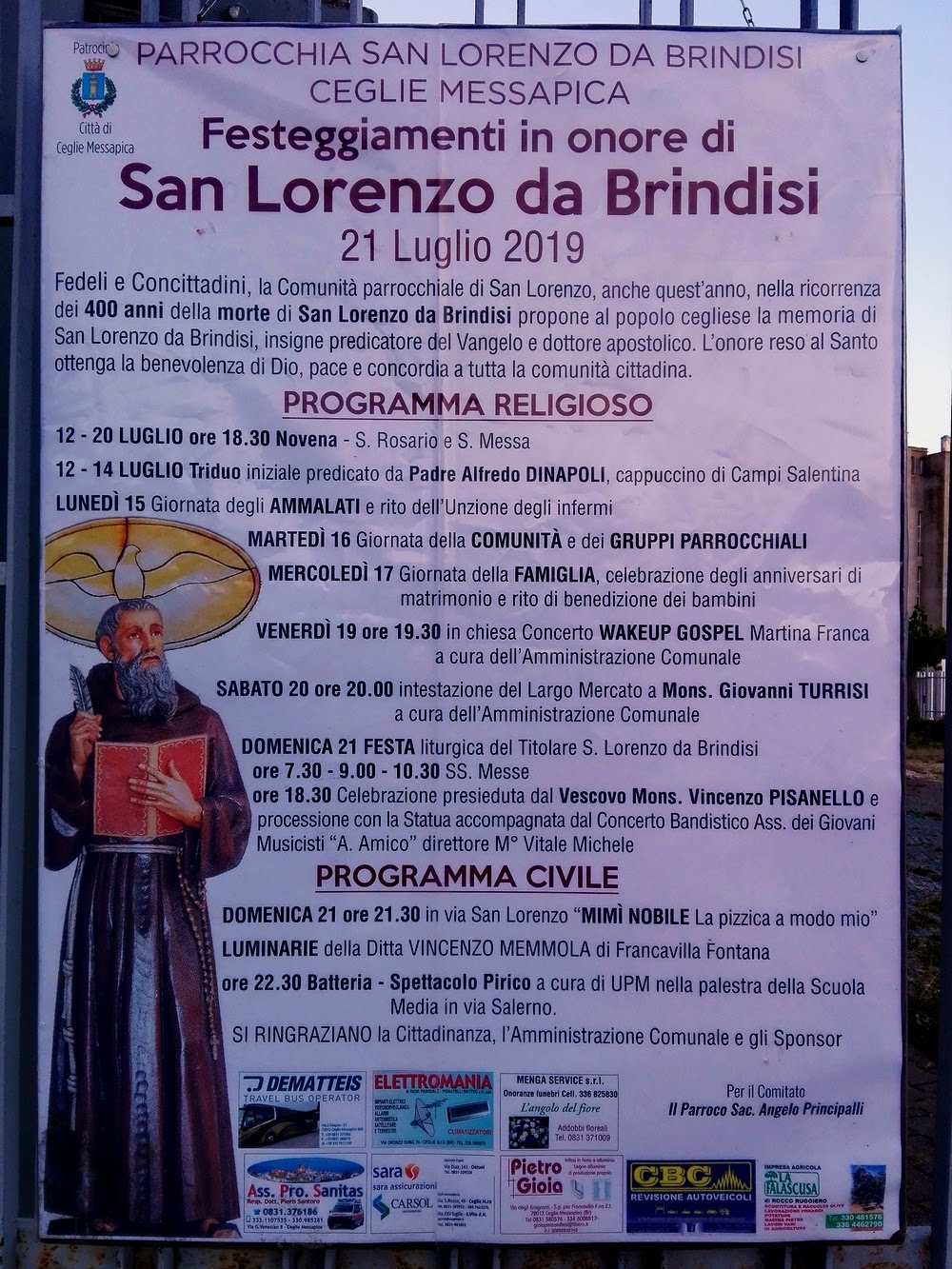Ahi Ceglie ...: Festeggiamenti in onore di San Lorenzo da Brindisi Ahi Ceglie ...: Festeggiamenti in onore di San Lorenzo da Brindisi