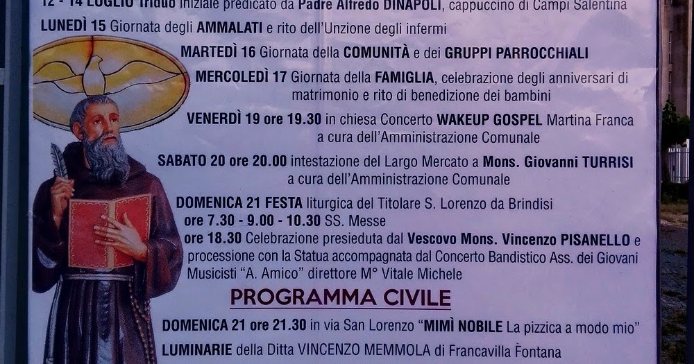 Ahi Ceglie ...: Festeggiamenti in onore di San Lorenzo da Brindisi Ahi Ceglie ...: Festeggiamenti in onore di San Lorenzo da Brindisi