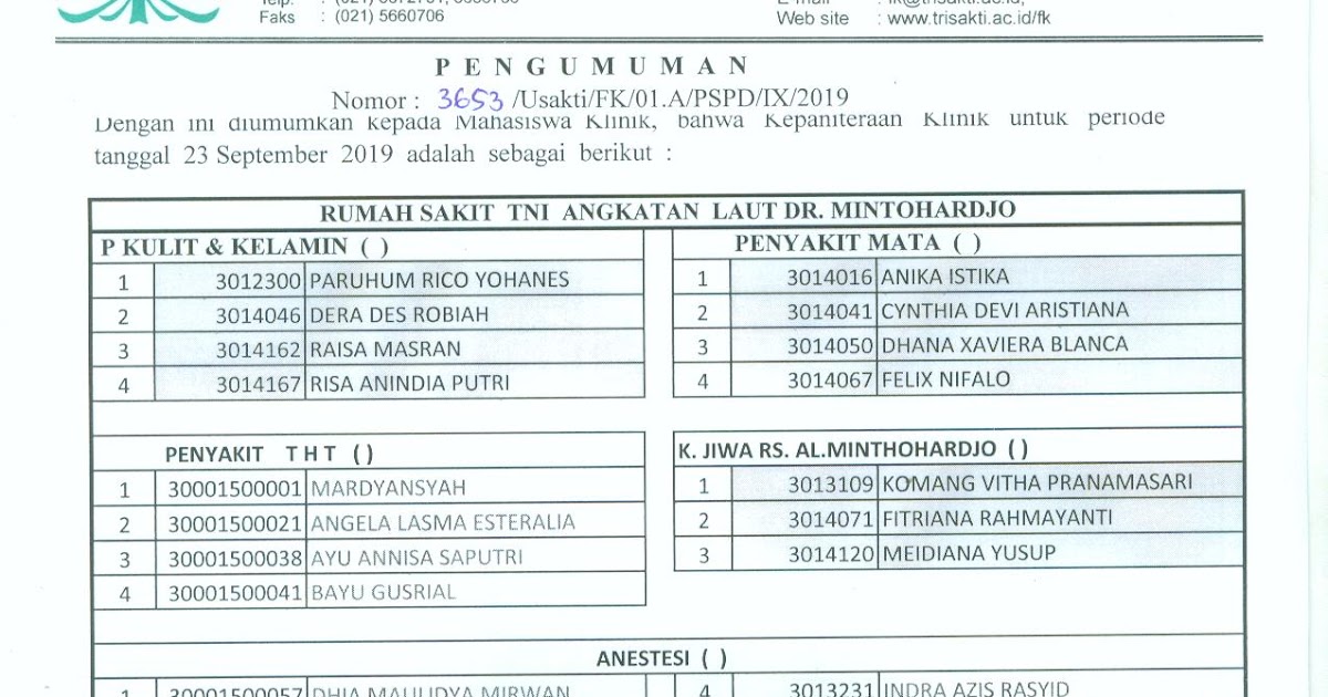 PSPPD FK USAKTI: Pengumuman Kepaniteraan Klinik Periode 23 September 2019