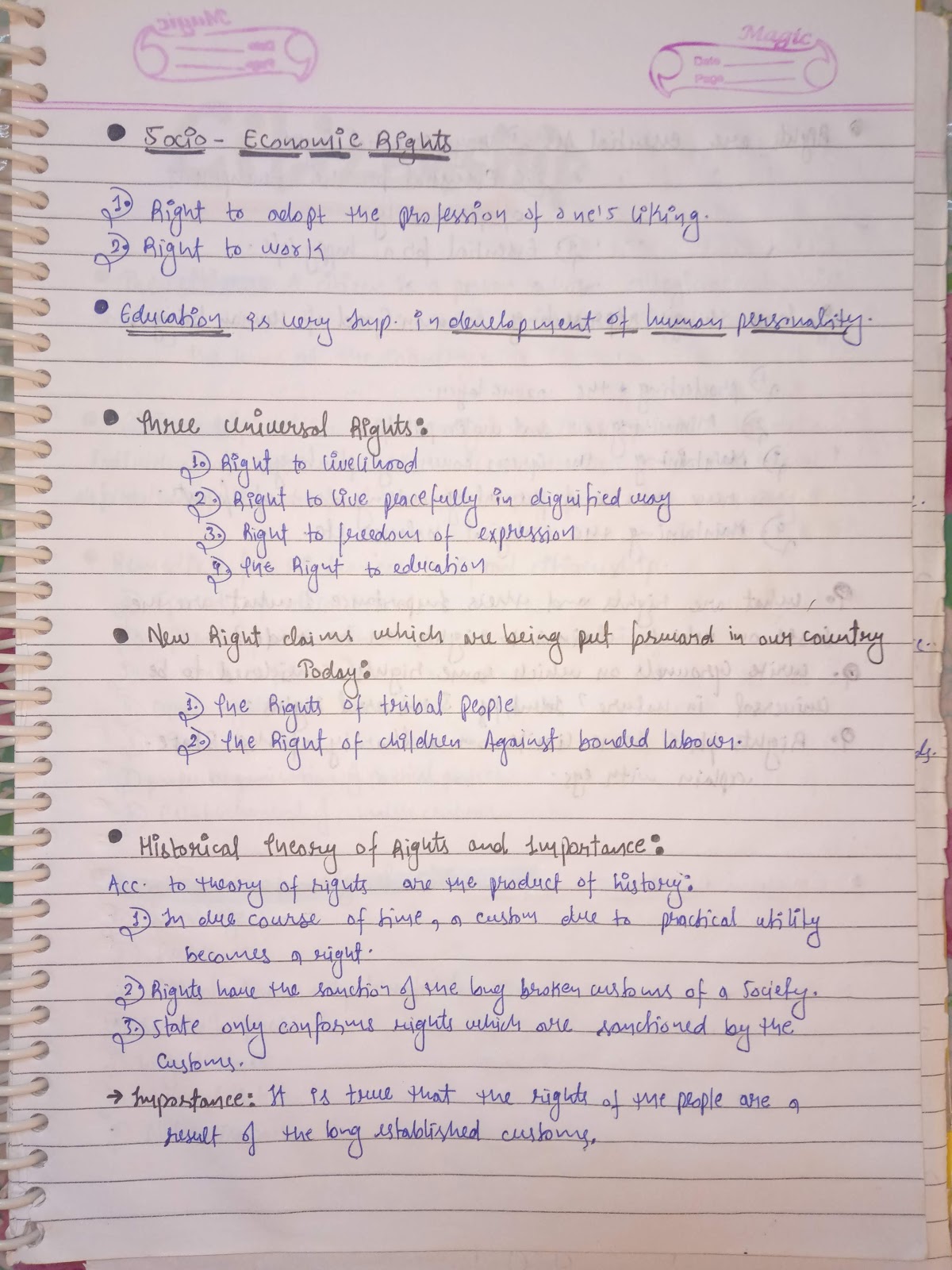 Handwritten Notes of RIGHTS - Political Science - Class 11th 'Humanities'