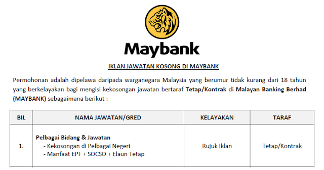 Permohonan Jawatan Kosong Maybank - Pelbagai Kekosongan Jawatan ...