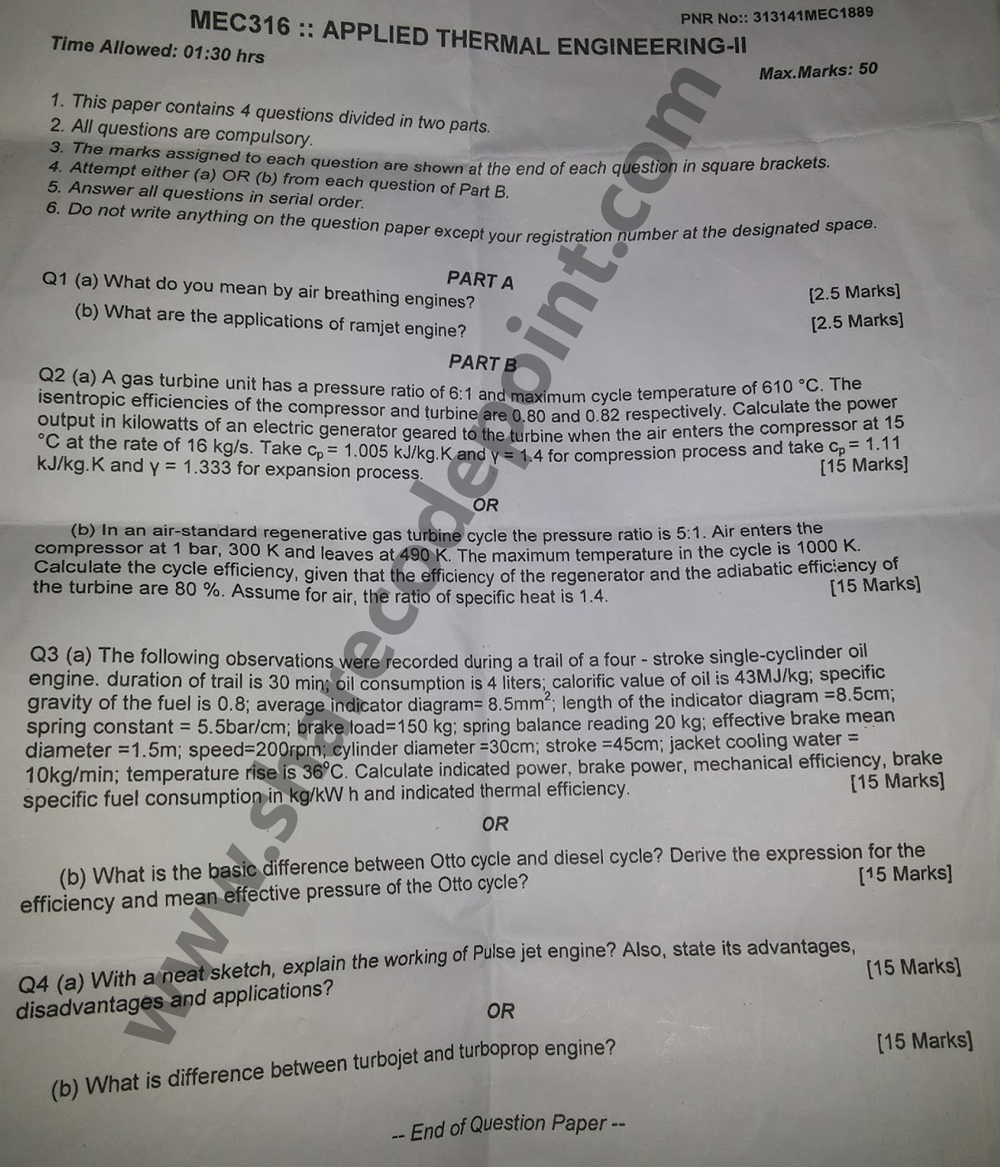 MEC316 : Applied Thermal Engineering Mid Term Exam Question Paper - MEC ...