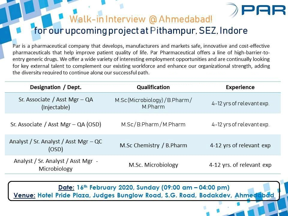 Par Pharma | Walk-in for QA-QC on 16 Feb 2020 | Pharma Jobs in Ahmedabad