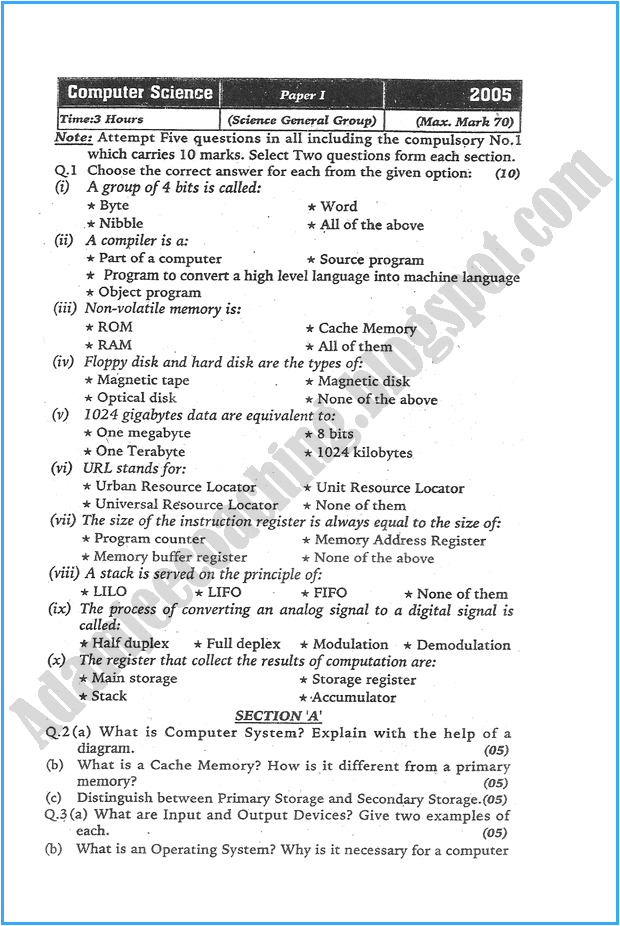 Adamjee Coaching: XI Computer Science Past Year Paper - 2005