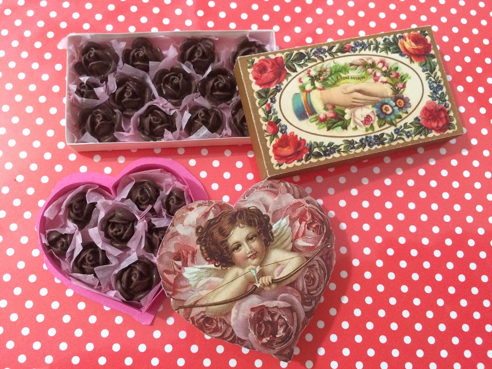 Baking In Miniature: Miniature Chocolate Roses in Vintage Candy Boxes